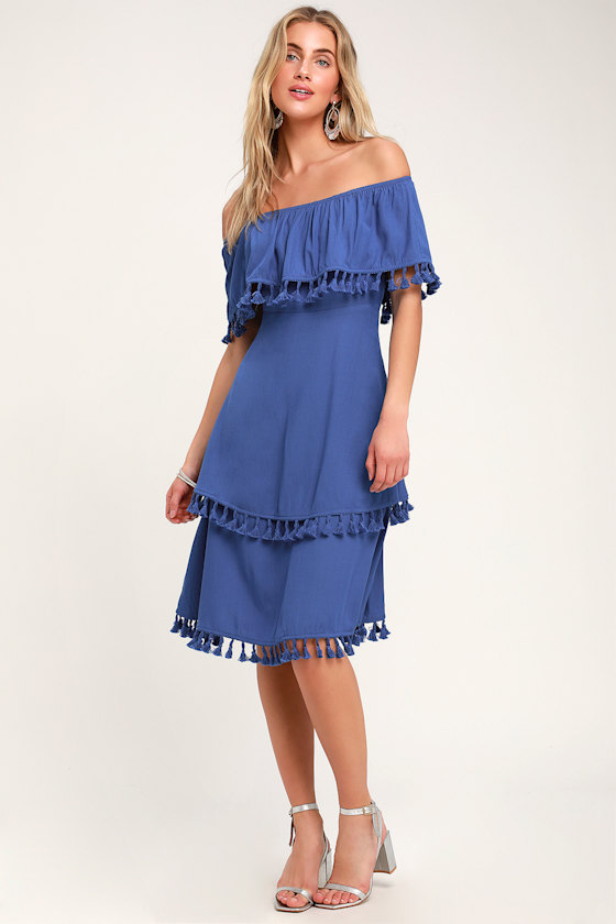 Fun Blue Dress - Off-the-Shoulder Dress - Tasseled Dress - Midi - Lulus