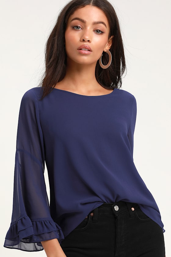Chic Navy Blue Top - Flounce Sleeve Top - Dressy Top - Office Top - Lulus