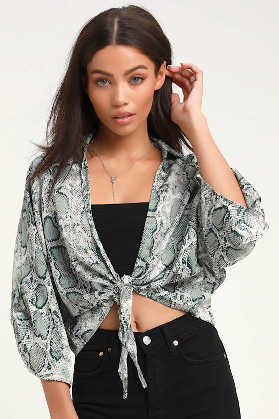 Chic Snake Print Top - Tie-Front Top - Green Snake Print Top - Lulus