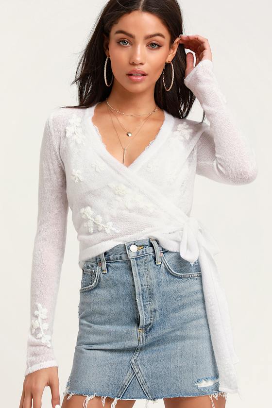 Lovely White Sweater Top - Embroidered Wrap Sweater - Top - Lulus