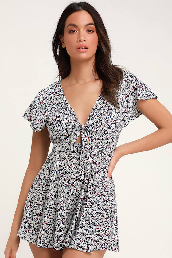 Cute Navy Blue and White Romper - Print Romper - Tie-Front Romper - Lulus