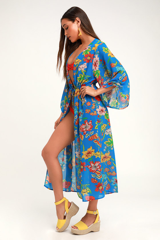Cute Cobalt Blue Floral Print Swim Cover-Up - Floral Kimono - Lulus