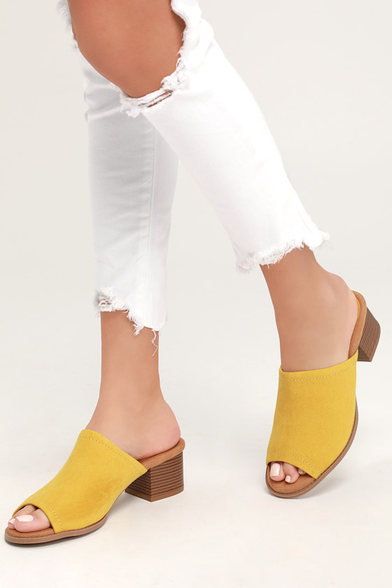 Cute Yellow Mules - Peep-Toe Mules - Vegan Suede Mules - Lulus