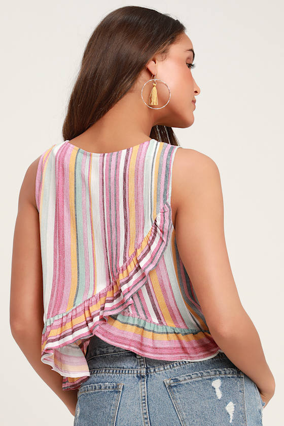 Cute Striped Top - Pink Multi Top - Ruffled Top - Crop Tank Top - Lulus