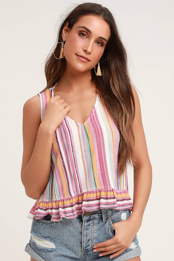 Cute Striped Top - Pink Multi Top - Ruffled Top - Crop Tank Top - Lulus