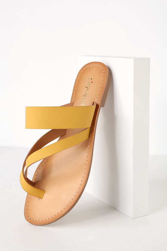 Cute Mustard Sandals - Yellow Flat Sandals - Toe-Thong Sandals