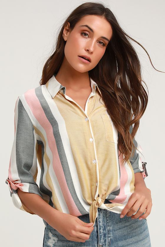 Cute Olive + Oak Button-Up Shirt - Multi Striped Collared Top - Lulus