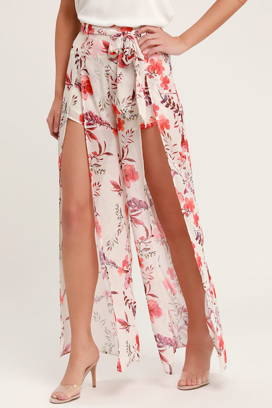 Honey Punch Ivory Floral Print Pants - Front Slit Pants - Lulus