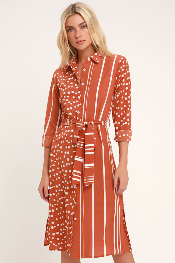 Cute Rust Orange Striped Polka Dot Dress - Shirt Dress - Dress - Lulus