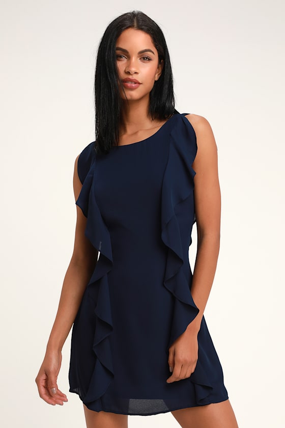 Cute Navy Blue Shift Dress - Blue Ruffled Dress - Short Dress - Lulus