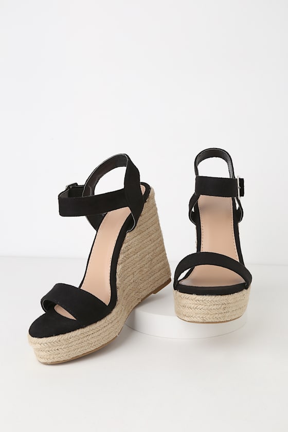 Cute Black Suede Wedges - Espadrille Wedges - Ankle-Strap Wedges - Lulus