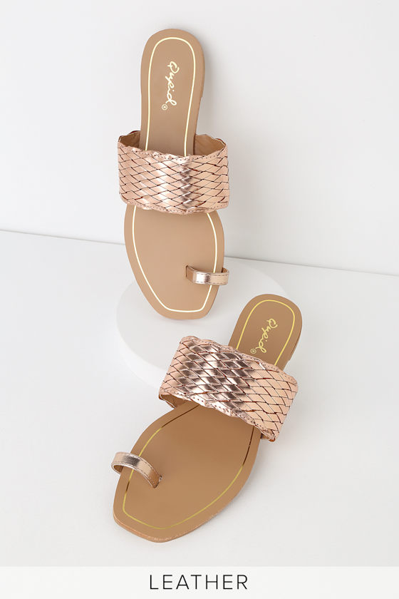 Cute Rose Gold Sandals - Toe-Loop Sandals - Woven Slide Sandals - Lulus