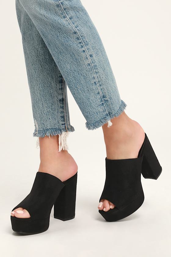 Cute Black Heels - Vegan Suede Mules - Platform Mules - Lulus