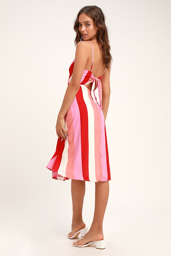Cute Pink Multi-Striped Dress - Tie Knot Dress - Surplice Dress - Lulus