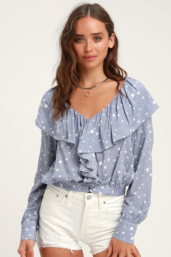 Cute Denim Blue Polka Dot Top - Ruffled Top - Button-Up Top - Lulus