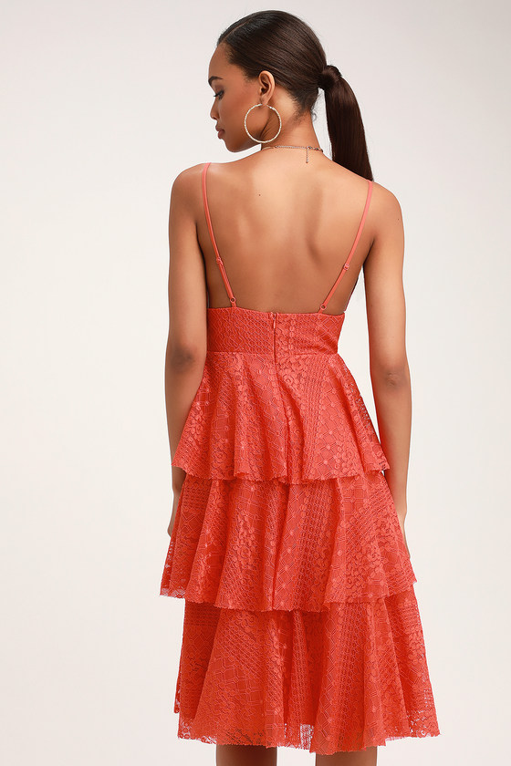 Cute Coral Orange Dress Lace Dress Midi Dress Ruffled Dress