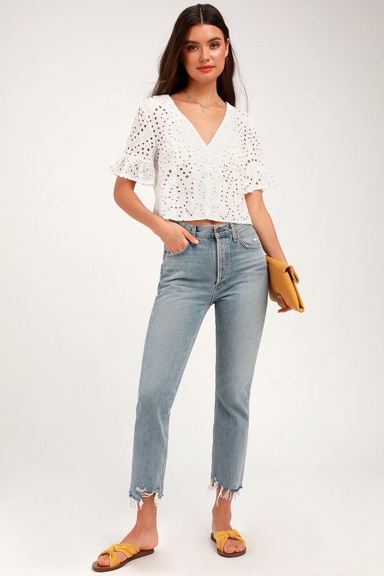 Cute White Crop Top Eyelet Crop Top Ruffle Sleeve Crop Top Lulus