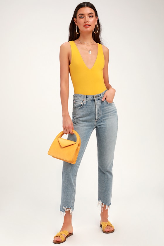 Sexy Golden Yellow Bodysuit - V-Neck Bodysuit - Black Bodysuit - Lulus