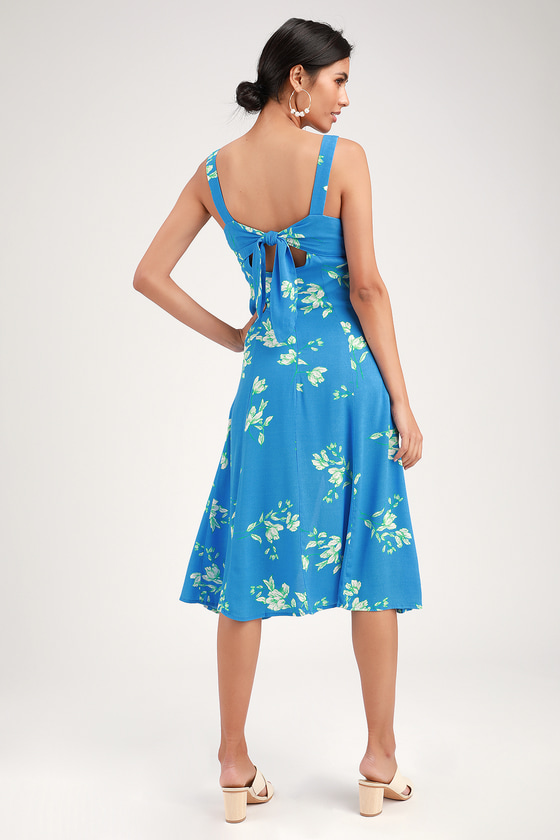 Cute Blue Floral Print Dress Midi Dress Tie Back Dress Lulus