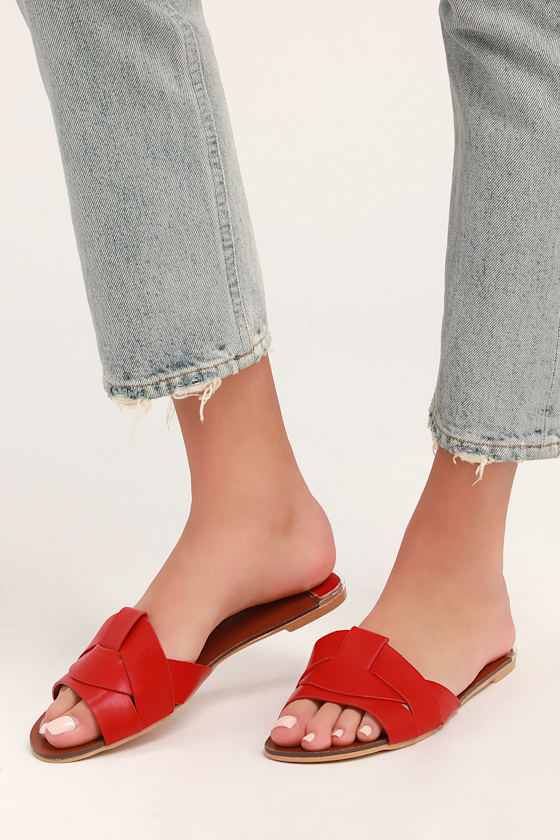 Cute Red Slide Sandals - Flat Sandals - Peep-Toe Sandals - Lulus