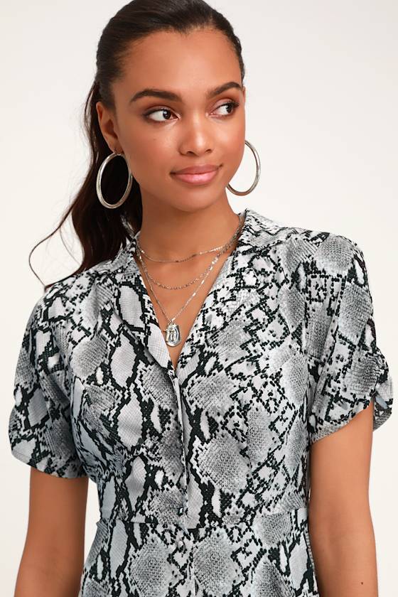 Chic Grey Snake Print Dress - Collared Dress - Snake Midi Dress - Lulus