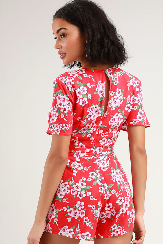 Cute Coral Red Romper - Floral Print Romper - Short Sleeve Romper - Lulus