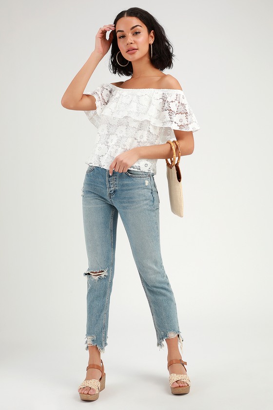 Cute White Lace Top Off The Shoulder Crop Top Ots Lace Top Lulus