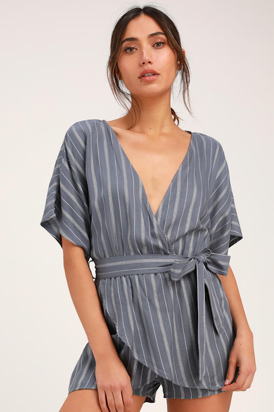 Slate Blue Striped Romper - Striped Romper - Short Sleeve Romper - Lulus