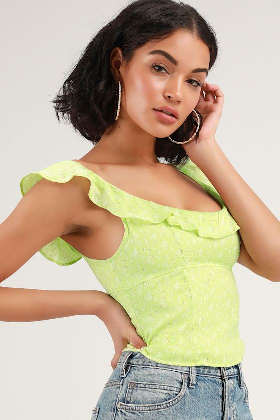 Free People Stay With You - Lime Green Top - Ruffled Top - Lulus