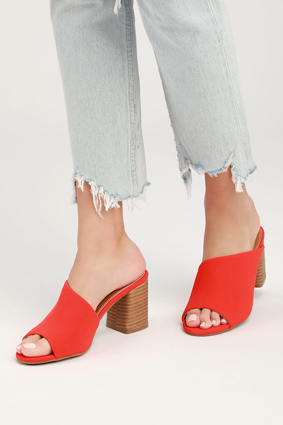 Cute Blood Orange Mules - Vegan Nubuck Mules - Peep-Toe Mules - Lulus