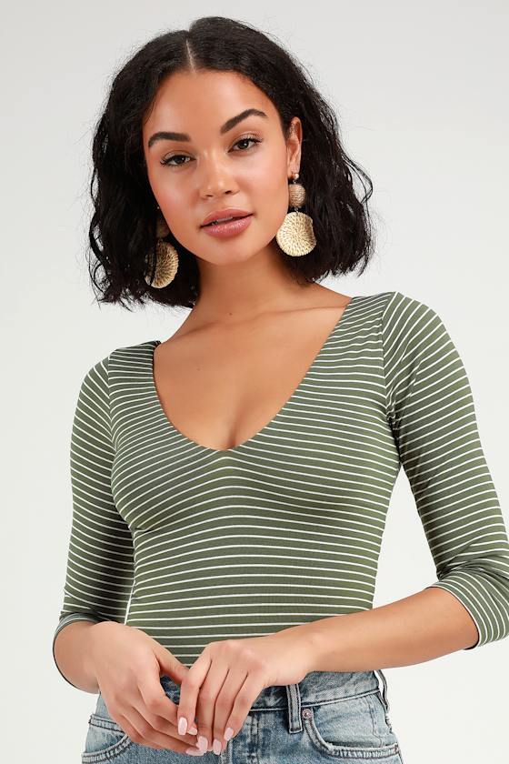 Cute Bodysuit Olive Green Striped Bodysuit V Neck Bodysuit Lulus