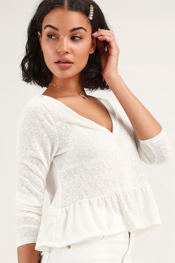 Cute White Slub Knit Top - Long Sleeve Top - White Peplum Top - Lulus