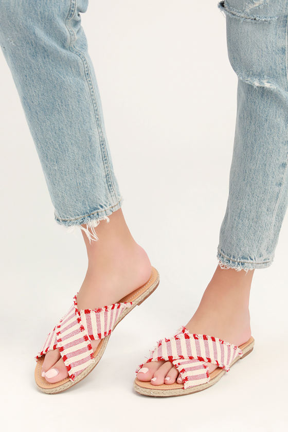 Cute Red Striped Slides - Slide Sandals - Peep-Toe Sandals