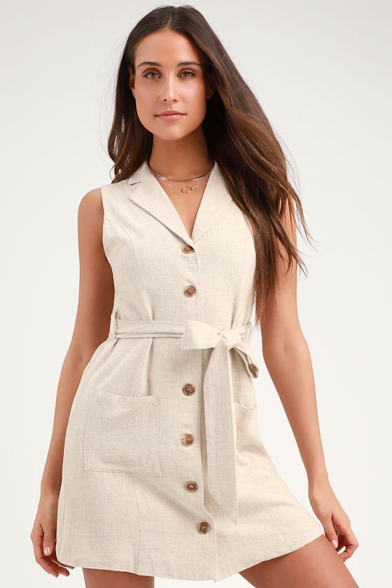 Lost + Wander Crescent Moon - Beige Dress - Button-Front Dress - Lulus