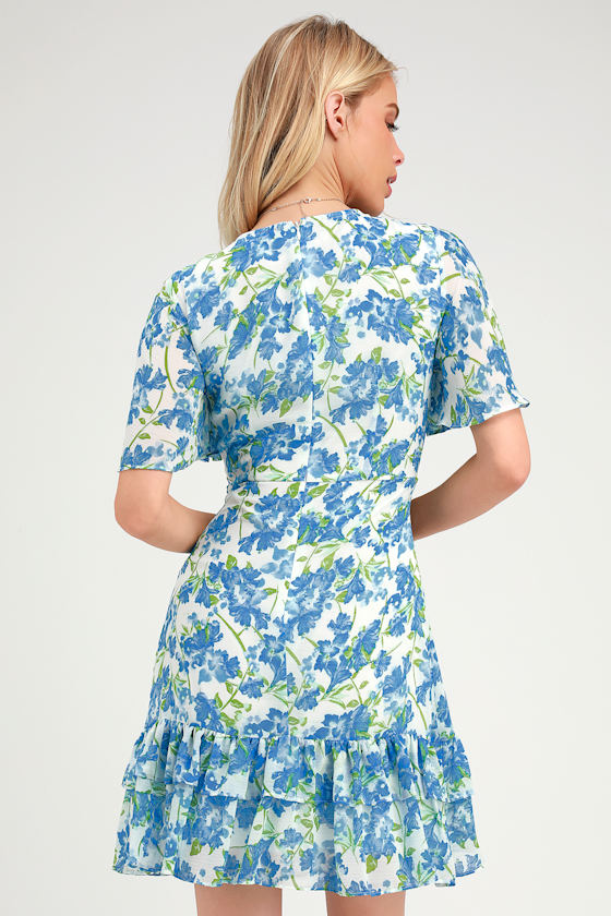 Cute Blue And White Dress Floral Print Dress Ruffled Dress Lulus