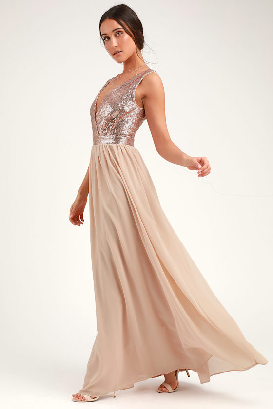 Lovely Champagne Maxi Dress - Sequin Maxi Dress - Lulus