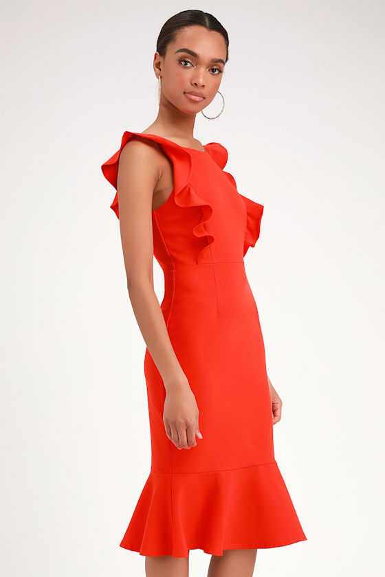 Sexy Coral Orange Bodycon Dress - Ruffled Dress - Midi Dress - Lulus