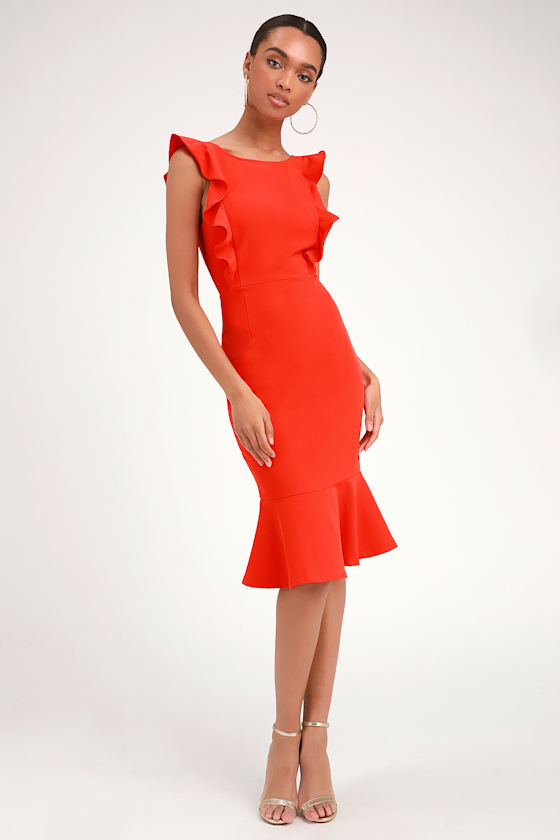 Sexy Coral Orange Bodycon Dress - Ruffled Dress - Midi Dress - Lulus