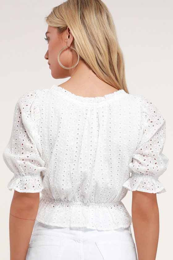 Cute White Crop Top Eyelet Lace Crop Top Puff Sleeve Top