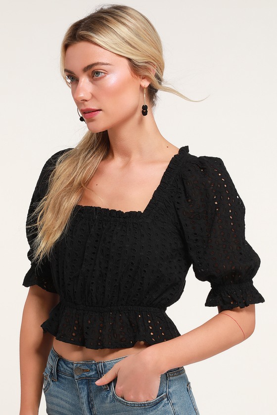 Cute Black Crop Top Eyelet Lace Crop Top Puff Sleeve Top Lulus