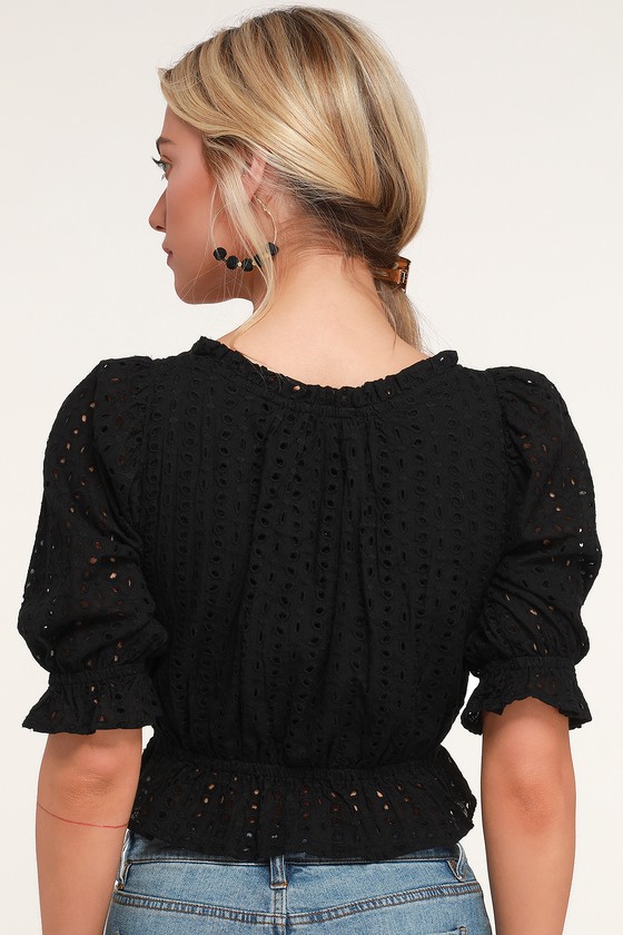 Cute Black Crop Top Eyelet Lace Crop Top Puff Sleeve Top Lulus