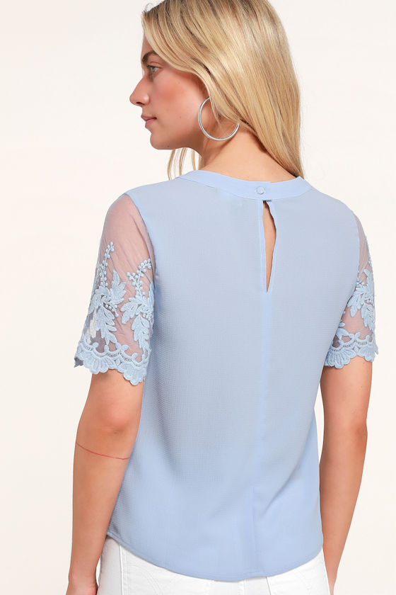 Chic Dusty Blue Top - Embroidered Top - Short Sleeve Top - Lulus