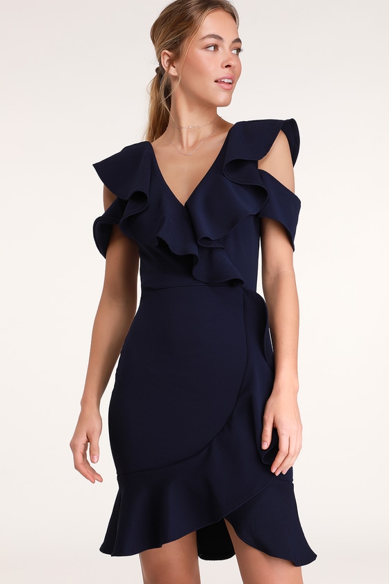 Lovely Navy Blue Dress Bodycon Dress Ruffled Dress Lulus