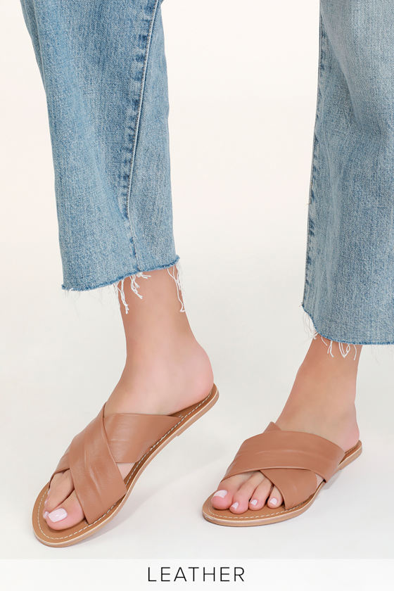 Rebels Jenny Tan Leather Sandals - Crisscrossing Slide Sandals - Lulus