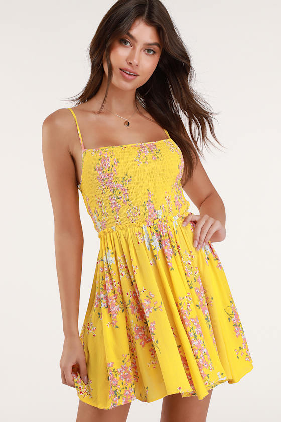 Cute Yellow Floral Dress - Smocked Mini Dress - Skater Dress - Lulus