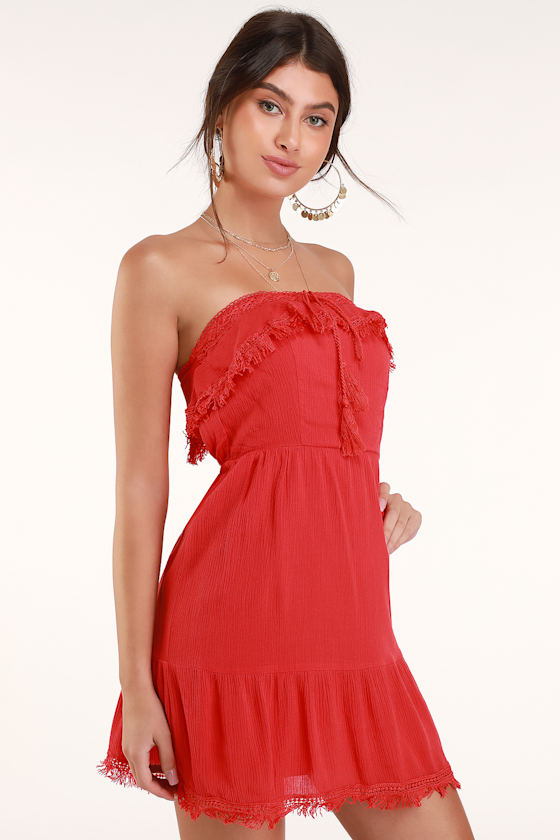 Boho Dress - Red Crochet Dress - Strapless Dress - Mini Dress - Lulus