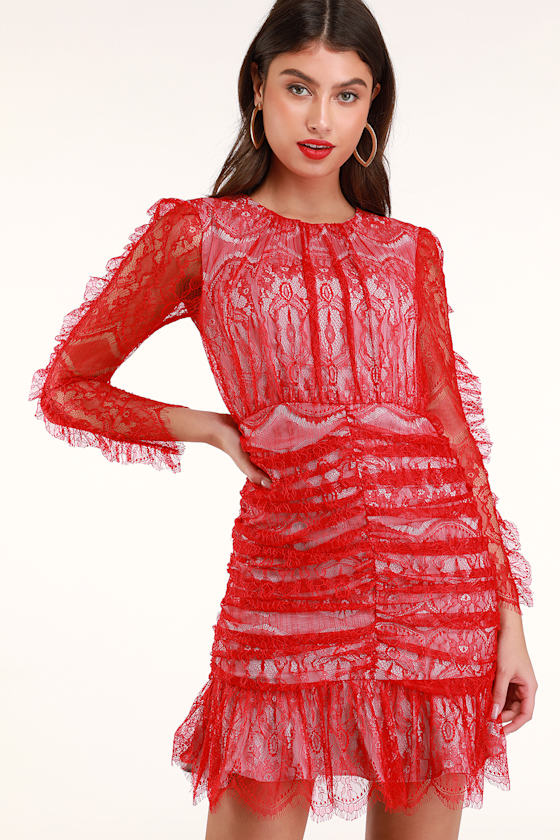 Lovely Red Lace Dress - Ruched Dress - Long Sleeve Dress - Lulus