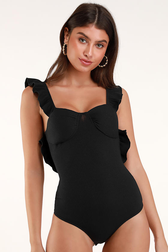 Honey Punch - Black Bodysuit - Ribbed Bodysuit - Ruffled Bodysuit - Lulus