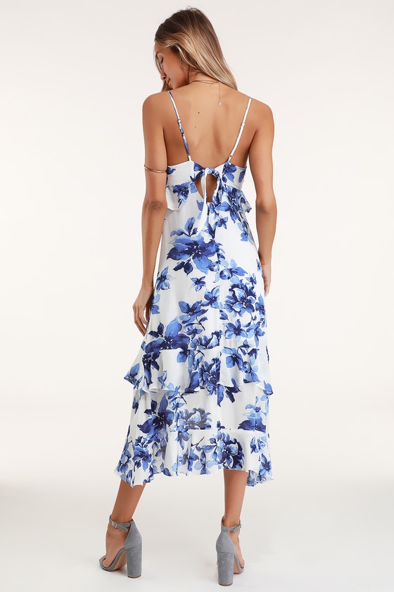 Blue And White Floral Print Dress Midi Dress Ruffled Dress Lulus