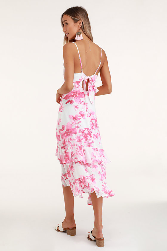 Pink and White Floral Print Dress - Midi Dress - Ruffled Dress - Lulus